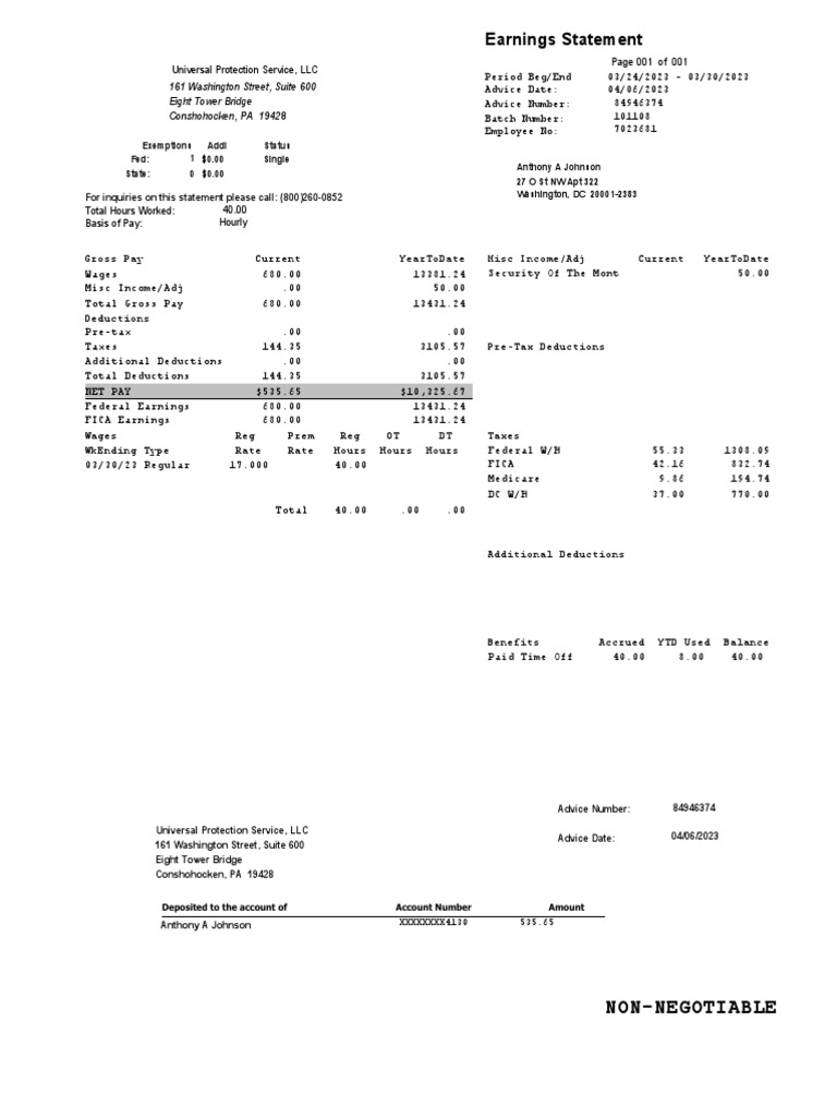 Employee Earnings Statement | PDF | Economy Of The United States ...