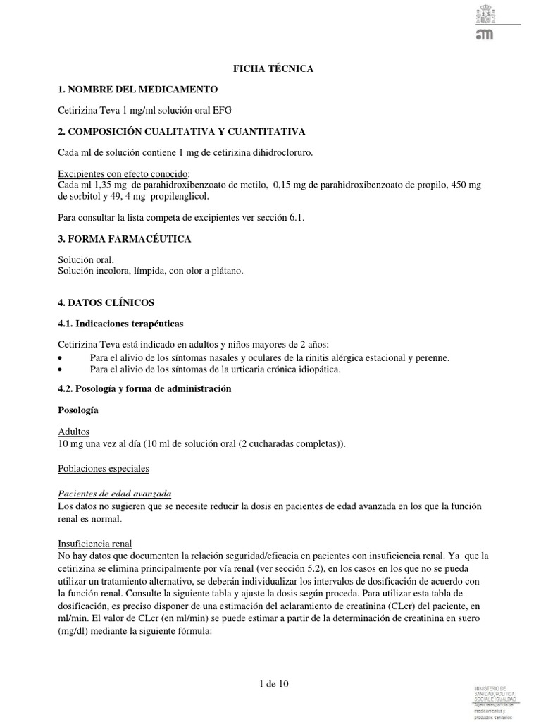 Dosis y uso de Cetirizina Teva 1 mg/ml | PDF | Farmacocinética ...