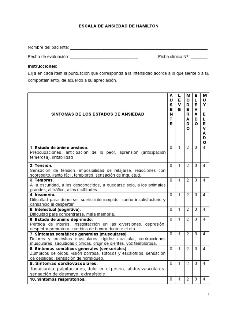 Escalas de Hamilton de Ansiedad y Depresion | PDF | Depresión (estado ...
