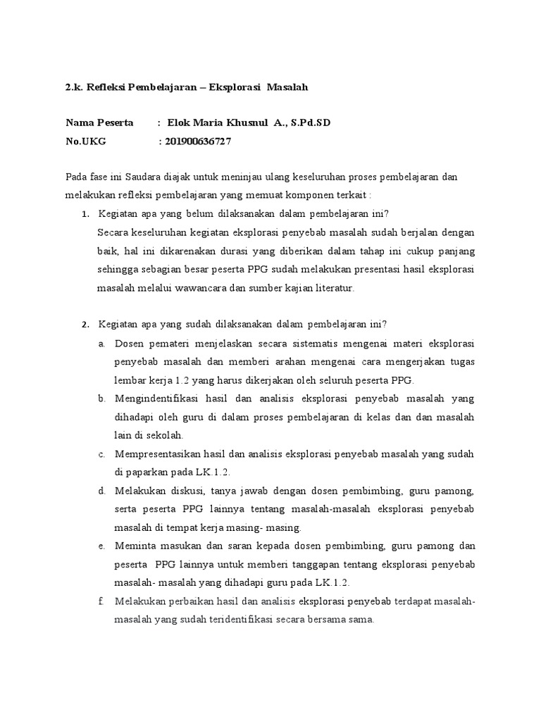 2.k. Refleksi Pembelajaran Identifikasi Masalah | PDF