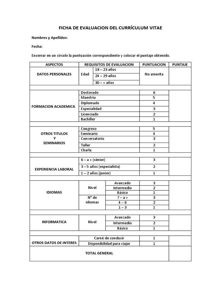 Ficha de Evaluacion de Curriculum | PDF