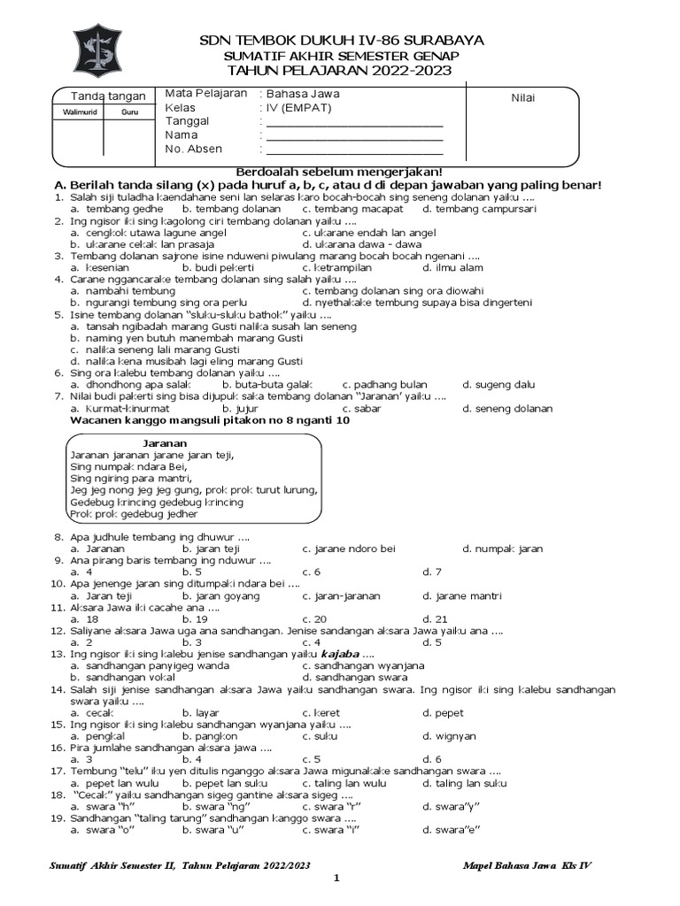 SAS Sem II Bahasa Jawa 2022-2023 | PDF