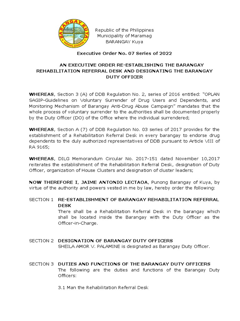 Badac Executive Order For Duty Officer | PDF | Government | Justice