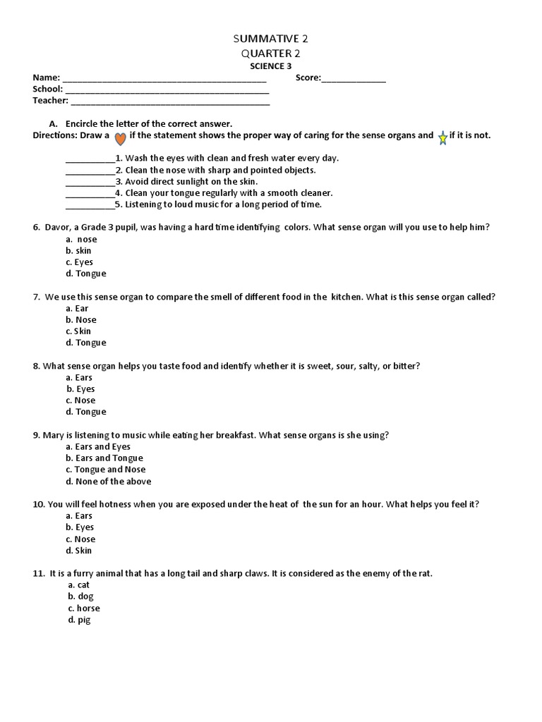G3 SUMMATIVE 1 Science Q2 | PDF | Senses | Taste