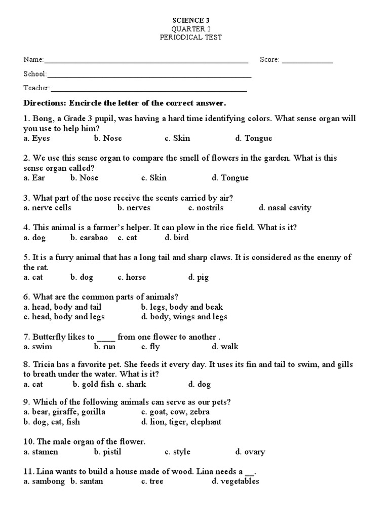 Science 3 PT Quarter 2 | PDF | Senses | Organisms