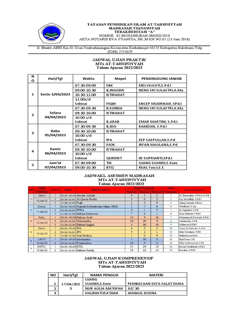 Jadwal Ujian Praktik MTs At-Tahsiniyyah 2023 | PDF