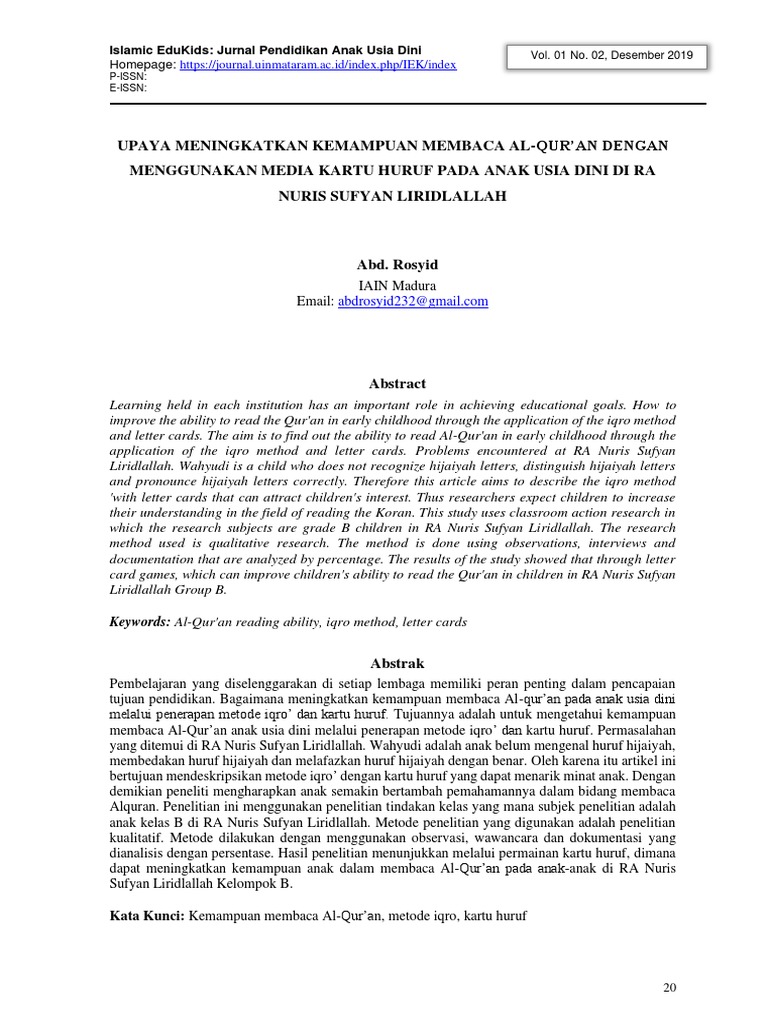 Upaya Meningkatkan Kemampuan Membaca Al-Qur'An Dengan Menggunakan Media Kartu Huruf Pada Anak ...