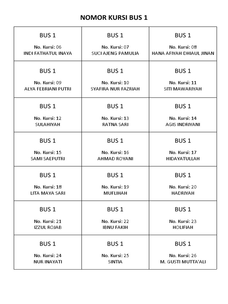 Nomor Kursi Bus 1 dan 2 | PDF