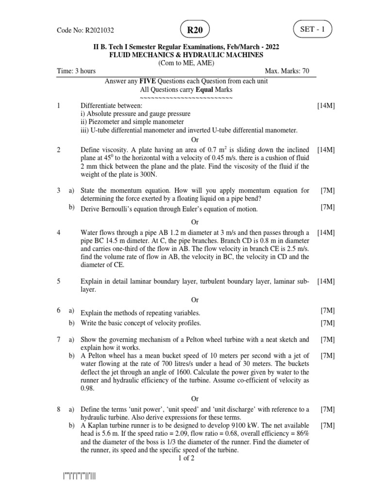 Fluid Mechanics Hydraulic Machines Feb Mar 2022 | PDF | Pump | Fluid Dynamics