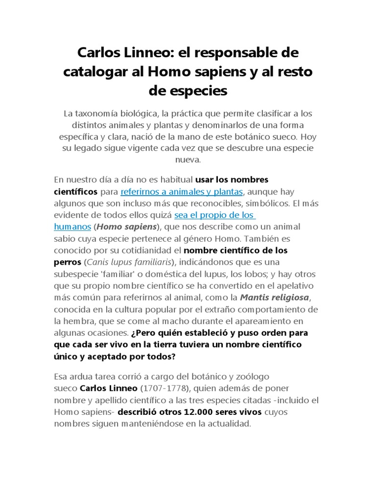 Carlos Linneo | PDF | Especies | Taxonomía (biología)