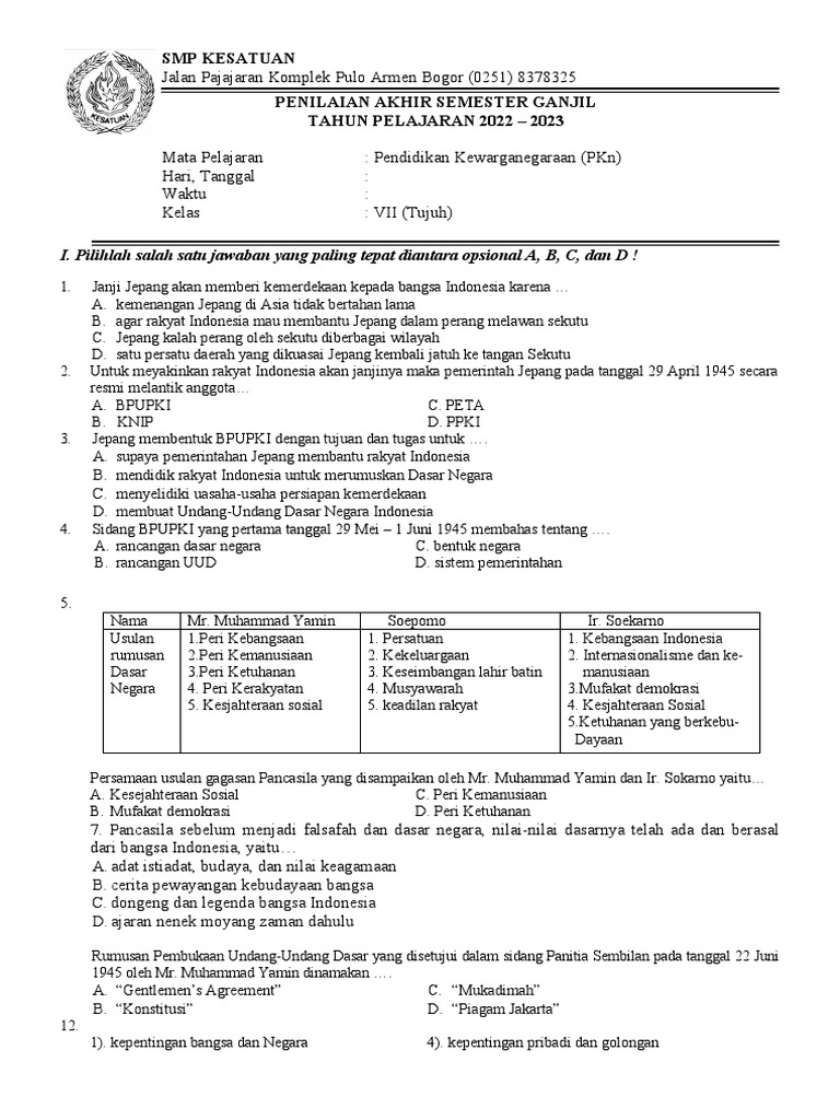 Soal PAS PKN Kelas 7 K13 VERSI 2 - WWW - Kherysuryawan.id | PDF