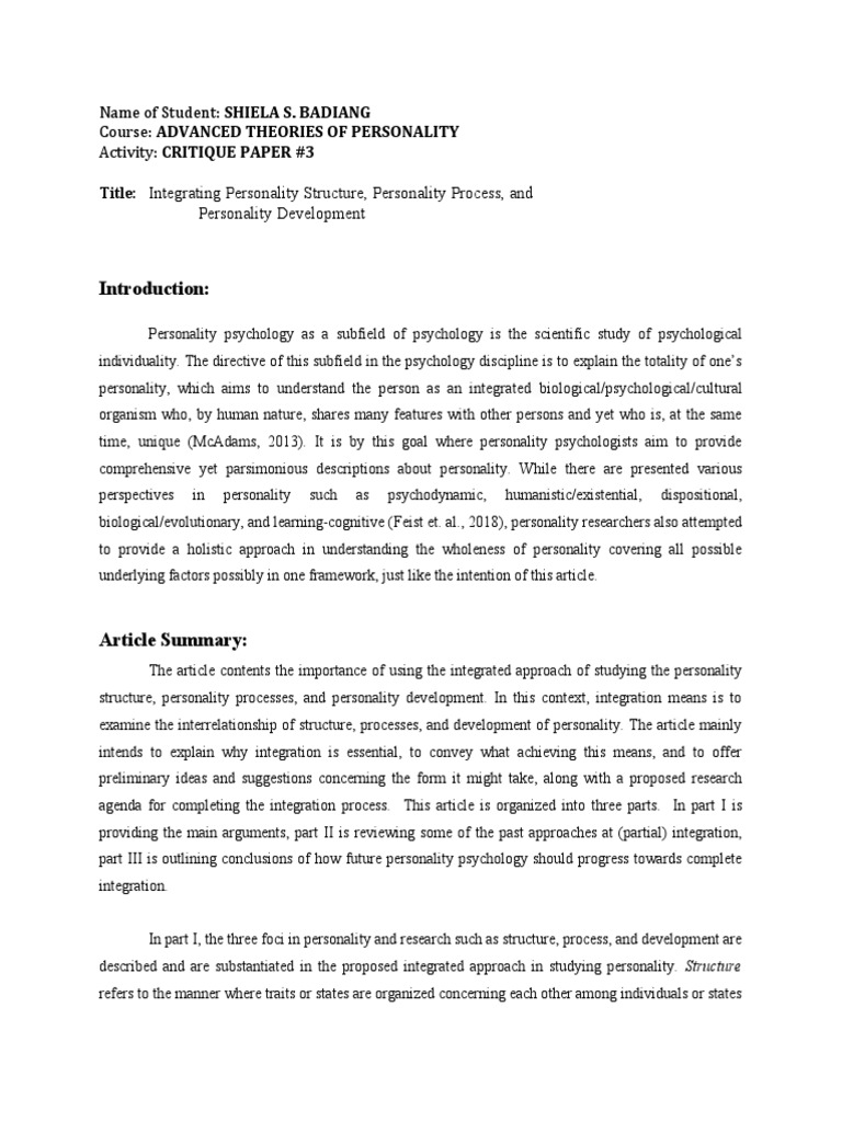 CP # 3. Integrating Personality Structure, Personality Process ...