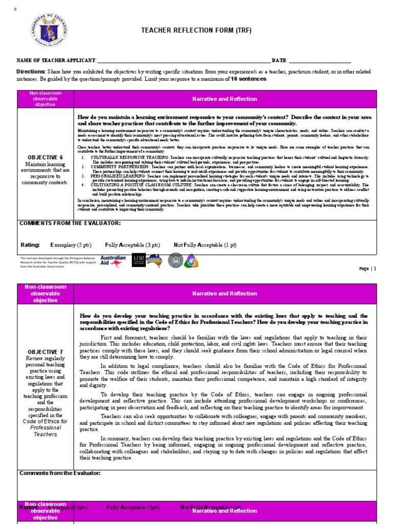Teacher Reflection Form TRF 2 | PDF | Teachers | Learning