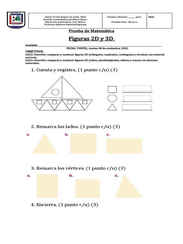 Prueba de Figuras 2D y 3D 1er Básico | PDF | Geometría Elemental ...