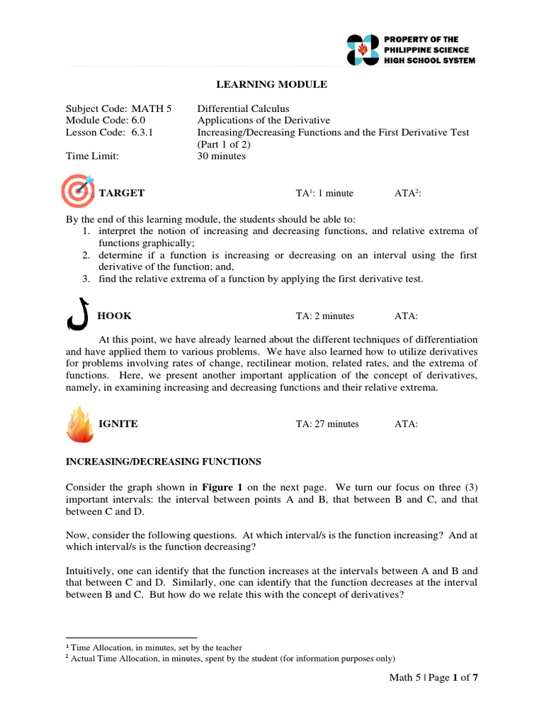 Slg Math5 6 3 1 Increasing And Decreasing Functions And The First Derivative Test Part 1 Pdf