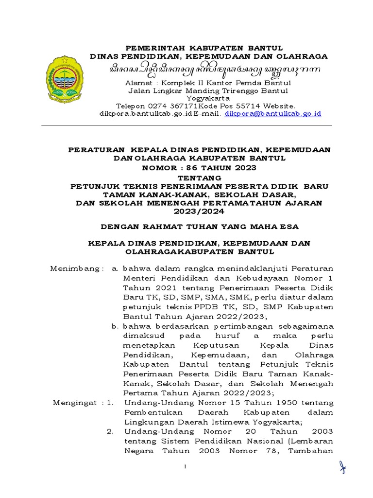 Perka Juknis PPDB Tahun 2023 Dikpora Bantul | PDF
