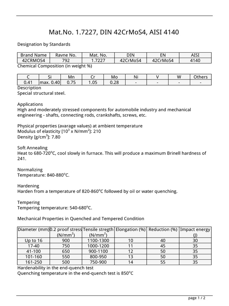 42CrMoS4 Steel: Composition & Uses | PDF | Materials | Physical Sciences