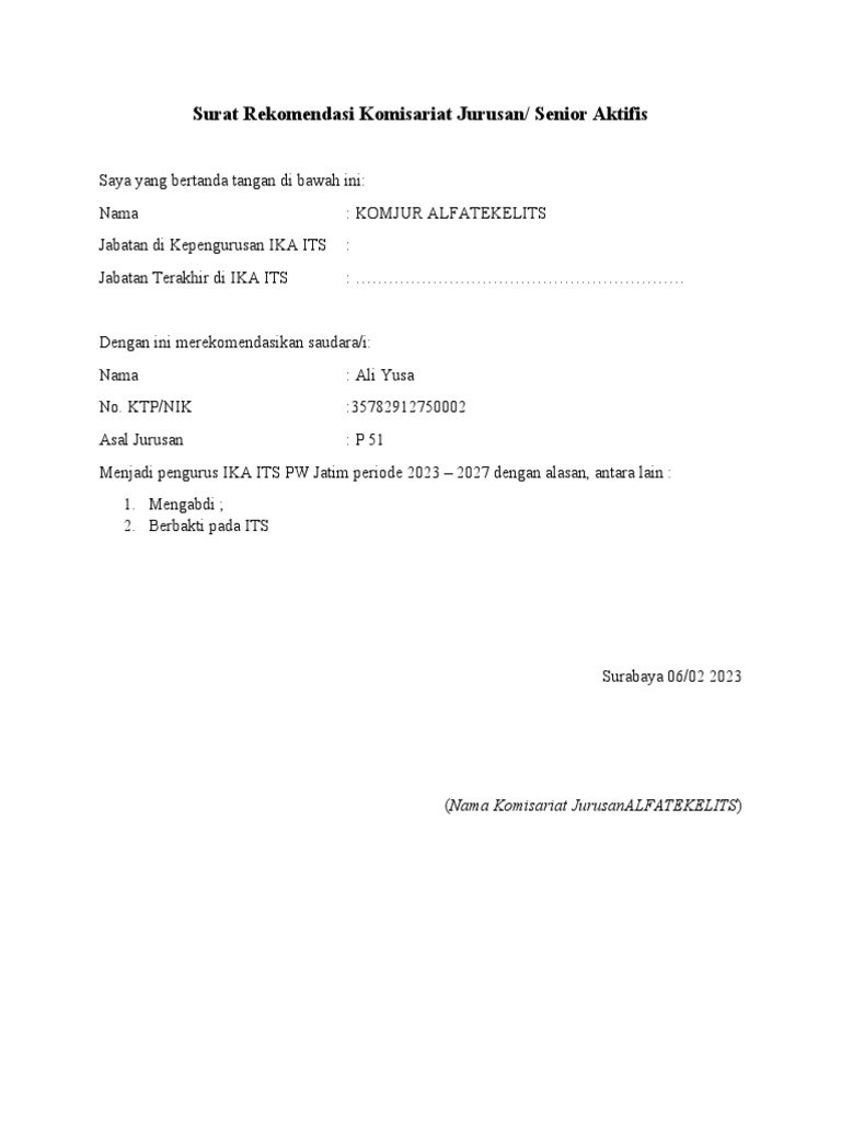 Surat Rekomendasi Senior Toni Metal | PDF