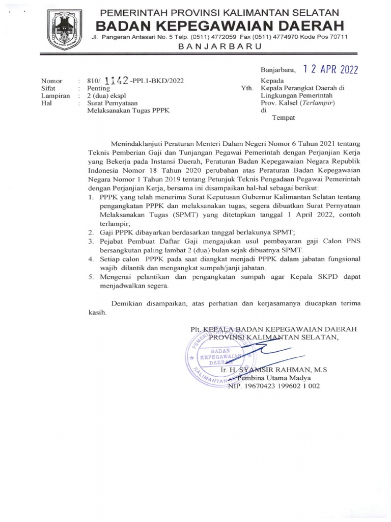 Surat Penerbitan SPMT PPPK Formasi 2021 | PDF