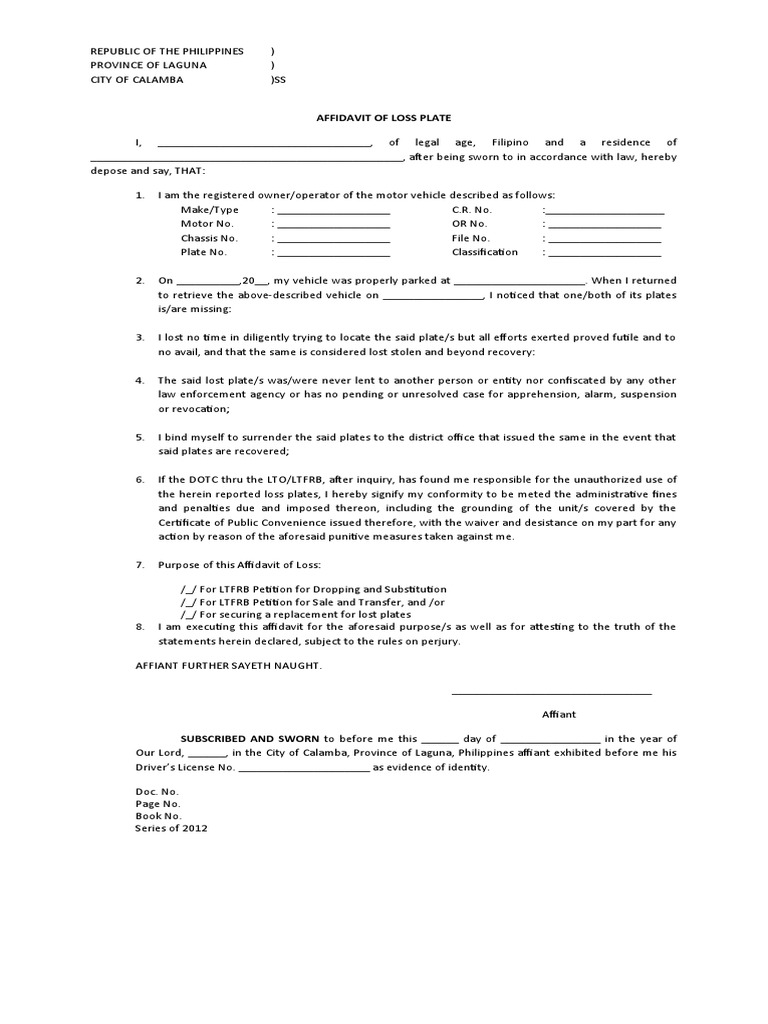 Affidavit of Loss Plate | PDF | Affidavit | Government