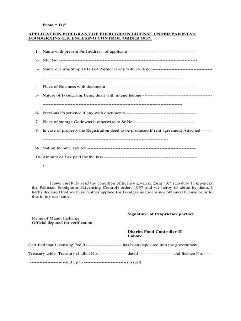 Food Grain License Application Form | PDF