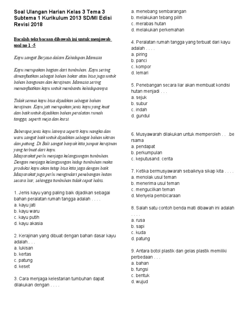 Soal Ulangan Harian Kelas 3 Tema 3 Subtema 1 Kurikulum 2013 SD | PDF