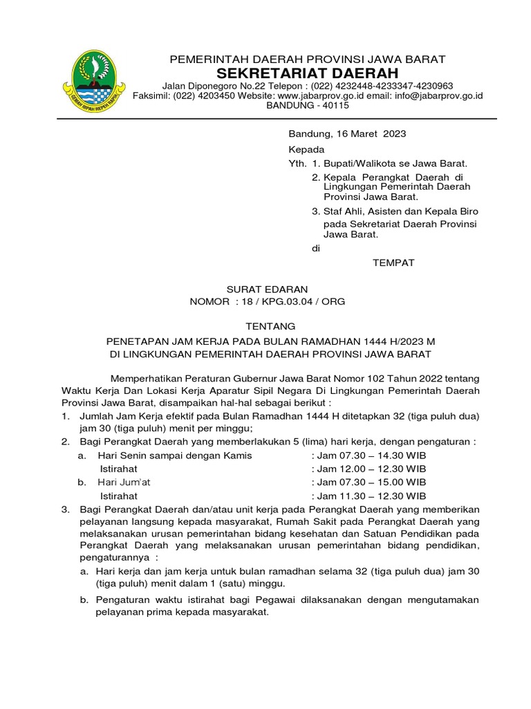 SURAT EDARAN JAM RAMADHAN MARET TAHUN 2023 1444 HIJRIAH-18KPG0304ORG-SETDA JABAR BIRO ORGANISASI ...