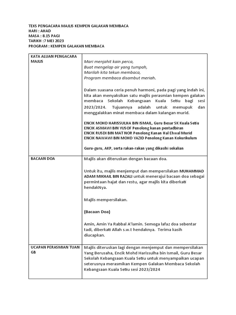 Teks Emcee Galakan Membaca 7.5.23 | PDF