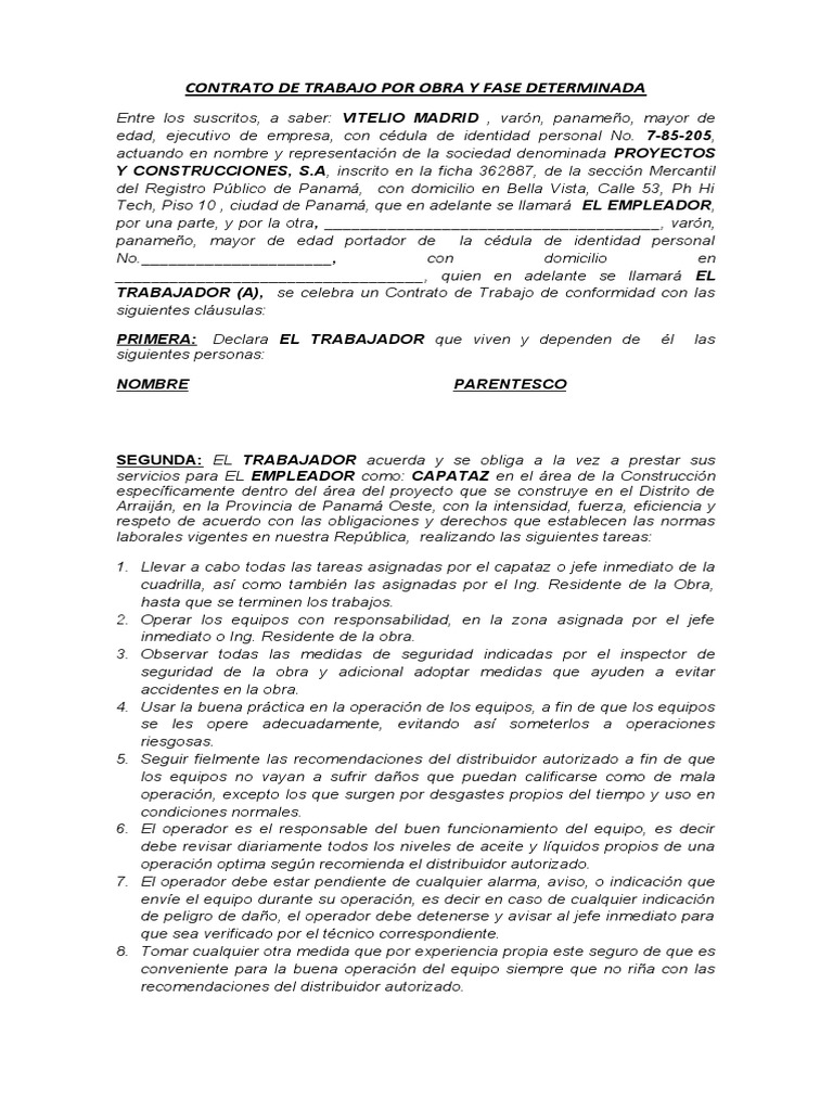 MODELO CONTRATO DE TRABAJO POR OBRA Y FASE DETERMINADA (CAPATAZ) | PDF | Panamá