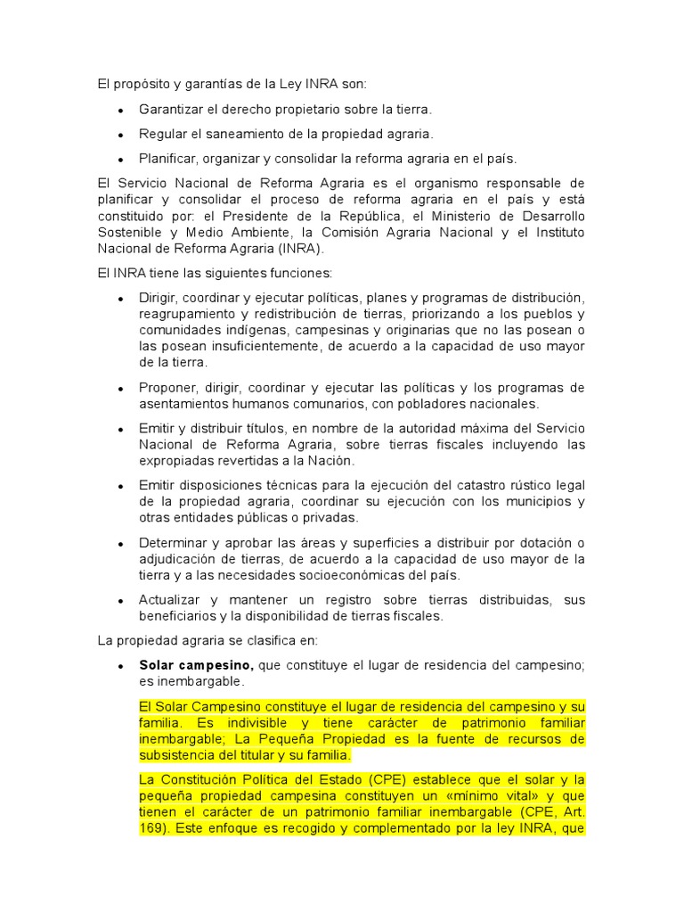 El Propósito y Garantías de La Ley INRA Son | PDF | Reforma agraria ...