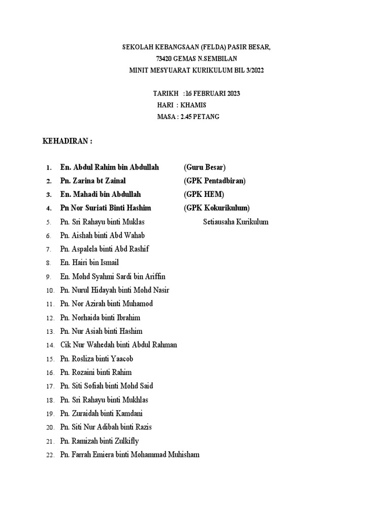 Minit Mesyuarat Kurikulum Bil Tiga 2022 | PDF