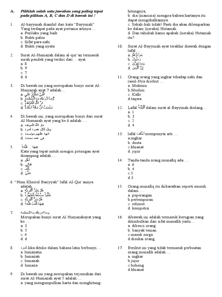 Latihan Soal Al-Qur'an Hadits KLS 5 | PDF