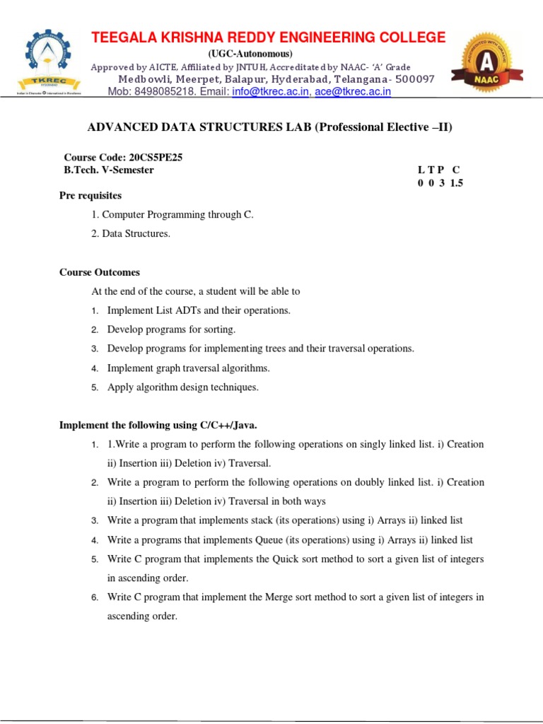 Advanced Data Structures Lab | PDF | Computing | Algorithms And Data ... Advanced Data Structures Lab | PDF | Computing | Algorithms And Data ...