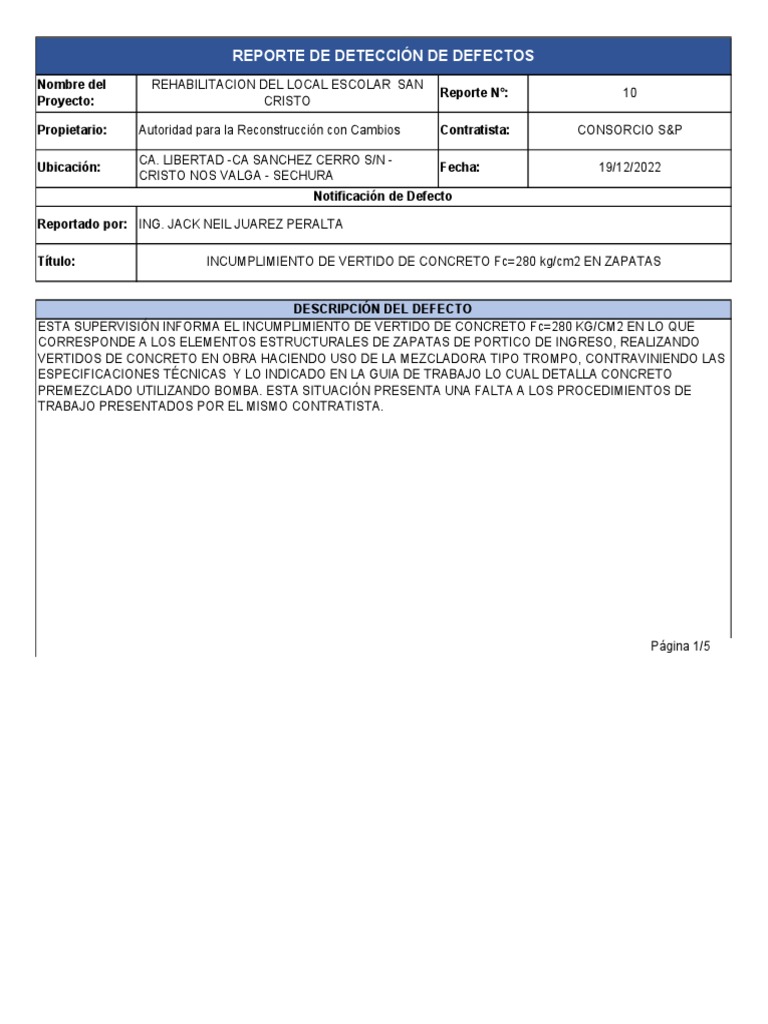 Notificación de Reporte de Defecto de Obra #010 | PDF