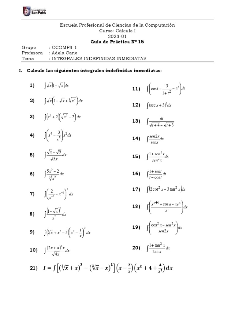 2023-01 - CI - S15 - Integrales Indefinidas, Inmediatas | PDF | Cálculo ...