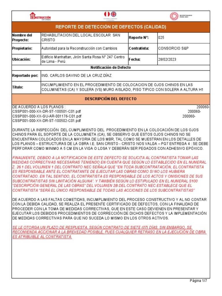 Notificación de Reporte de Defecto de Obra #025 | PDF