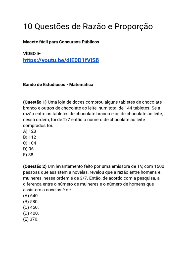 Questões de Razão e Proporção para Concursos | PDF | Ciências e Matemática