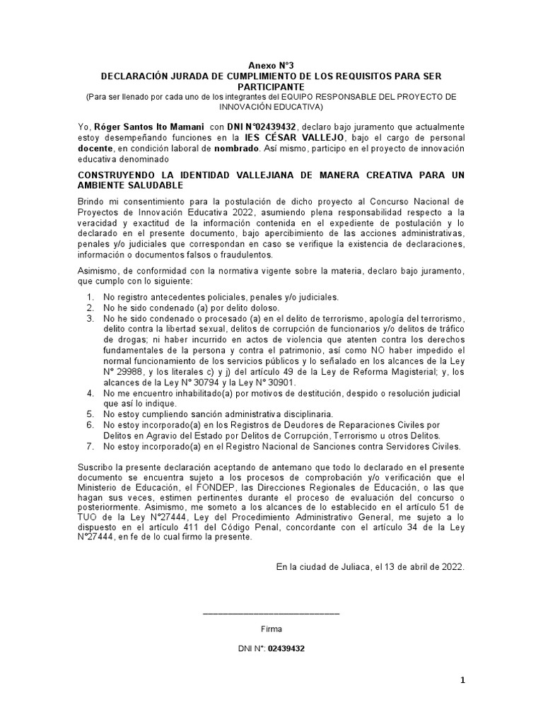 Declaración Jurada de Róger Ito | PDF | Derecho