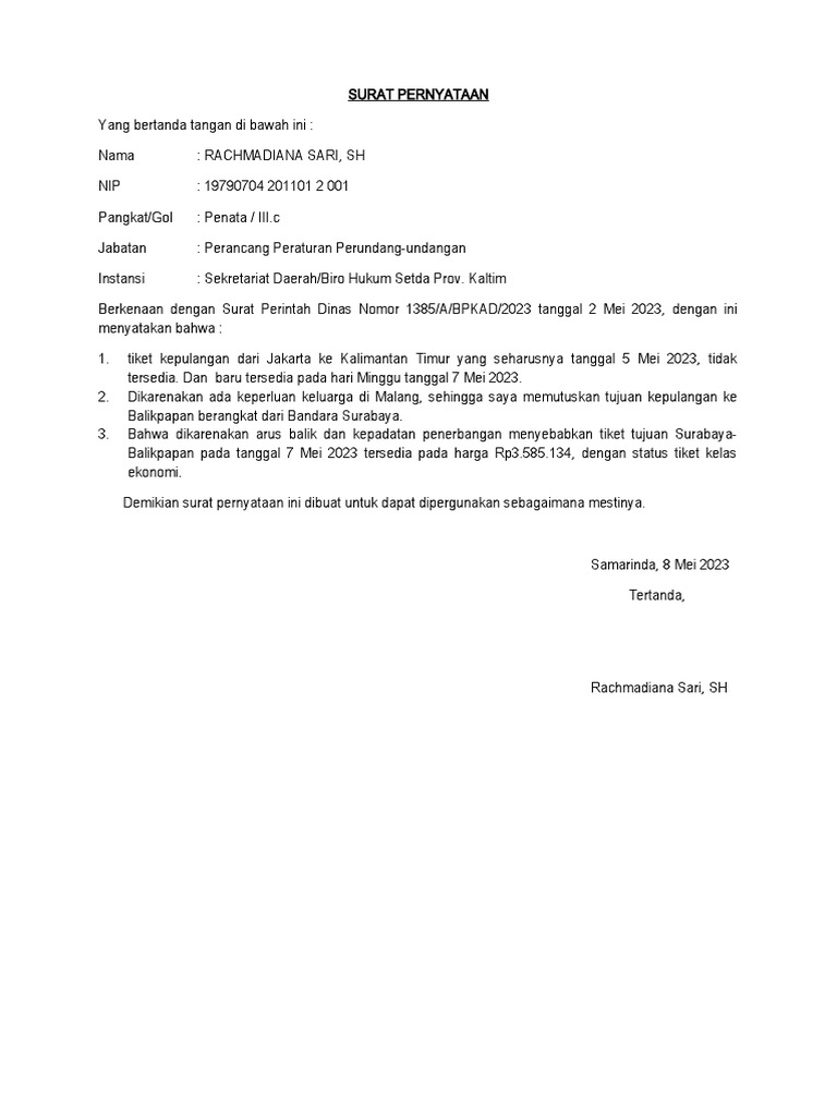 Surat Pernyataan Tiket Mahal Dari Bpkad | PDF