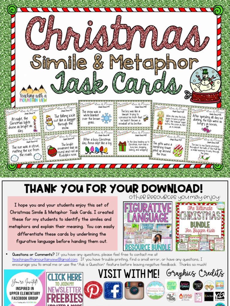 Christmas Simile and Metaphor Task Cards | PDF