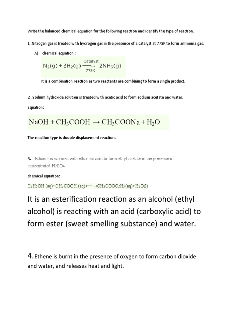 Write The Balanced Chemical Equation For The Following Reaction and ...