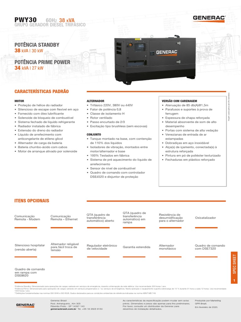 Data Sheet Generac PWY30 V.2020 | PDF | Potência (Física) | Engenharia ...