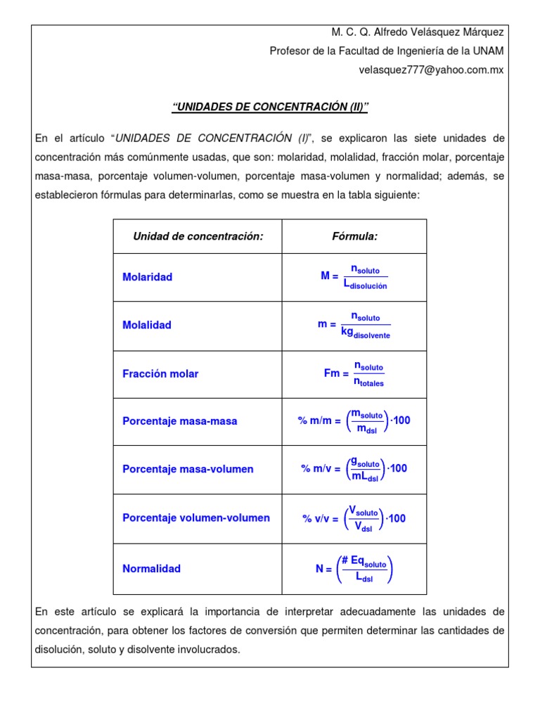 Unidades de Concentración | PDF | Concentración | Concentración de masa (química)
