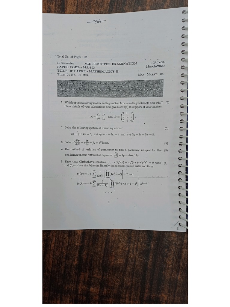 Mid Term Paper DTU 2020 MA102 | PDF