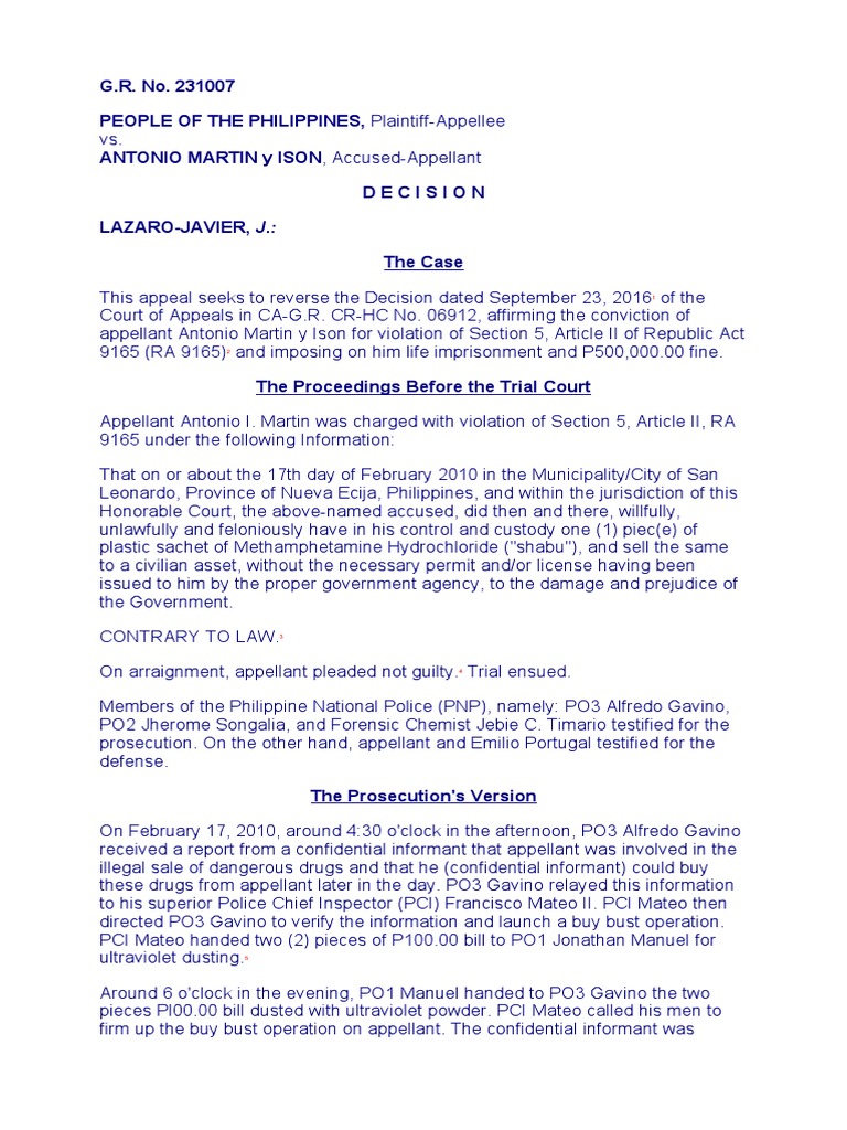 G.R. No. 231007 PEOPLE OF THE PHILIPPINES, Plaintiff-Appellee ANTONIO ...