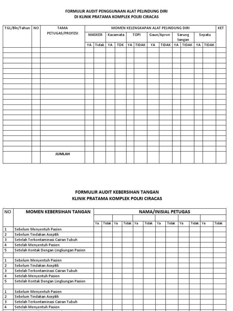Formulir Audit Apd Dan Kebersihan Tangan | PDF