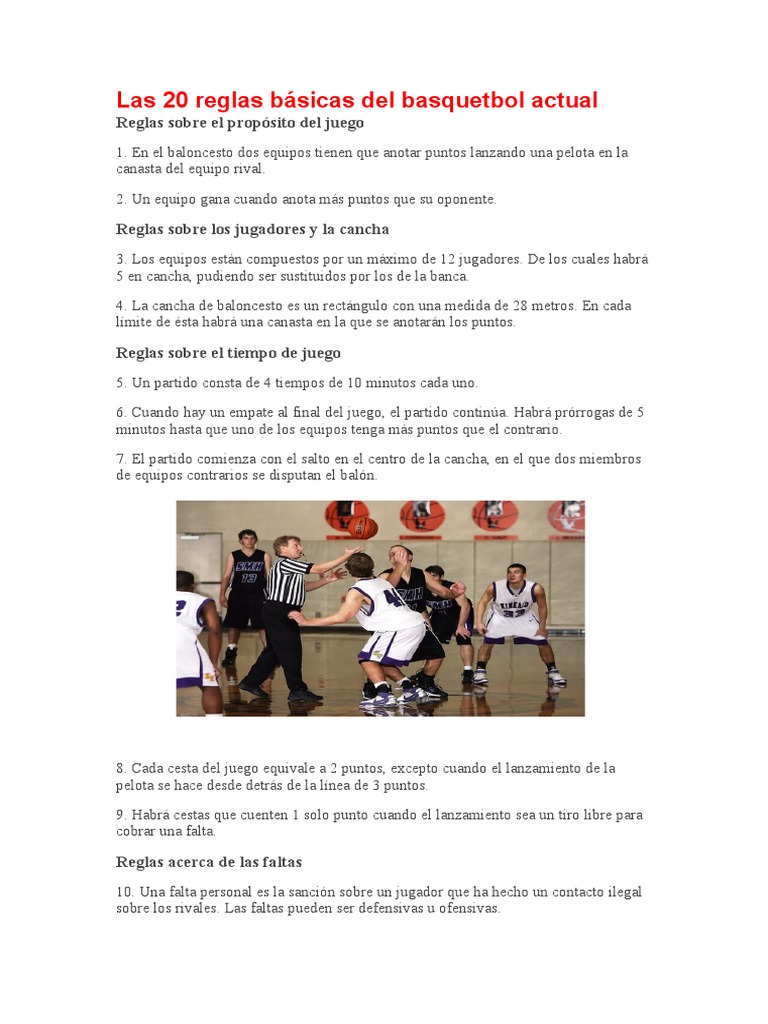 20 Reglas Básicas del Baloncesto | PDF | Deportes | Deportes de equipo