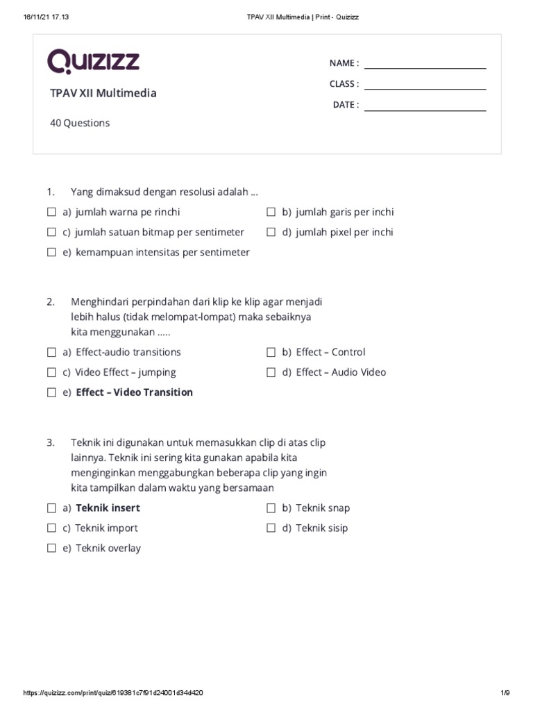 TPAV XII Multimedia - Print - Quizizz | PDF