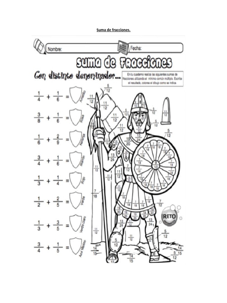 Suma de Fracciones de Distinto Denominador para Colorear | PDF
