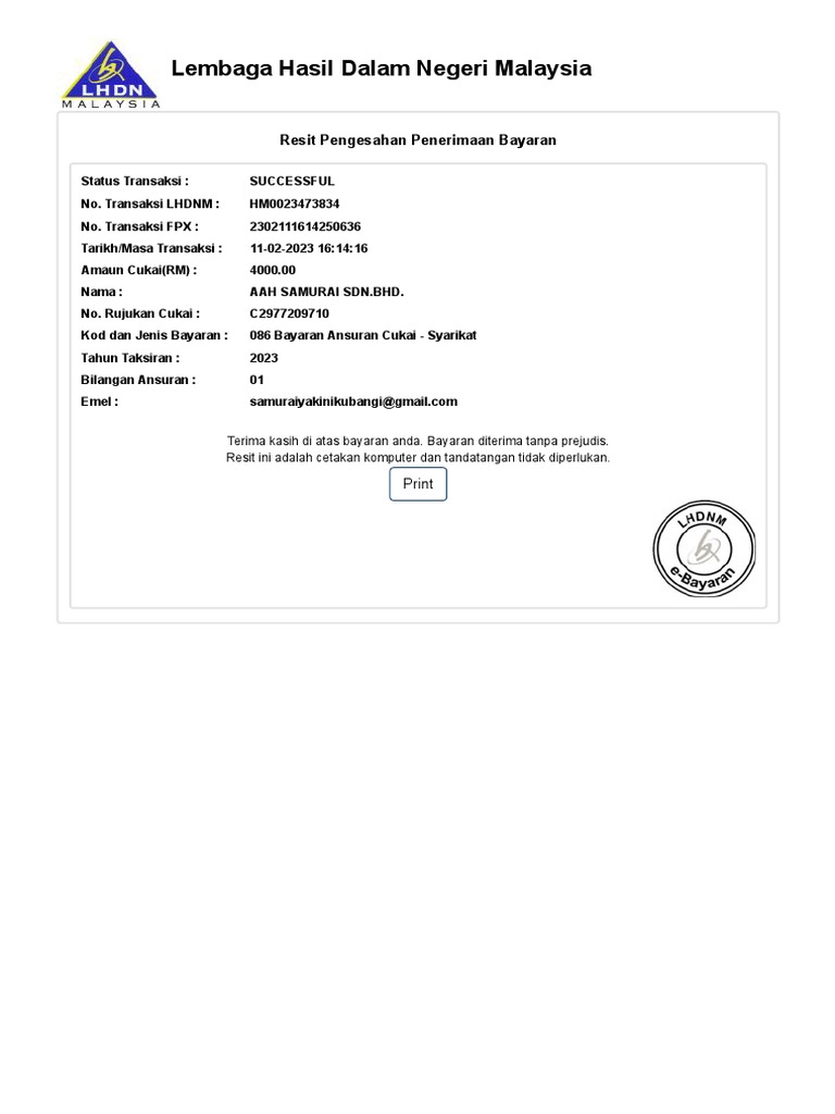 Resit Pengesahan Bayaran LHDN 2023 | PDF